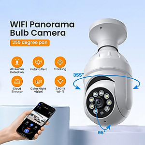 EKEN 1080p Light Bulb Security Camera, 355 Degree Pan/Tilt Panoramic IP Camera, Home Surveillance Cameras System, Human Detection, Alarm, Two-Way Audio, Night Vision, 2.4G WiFi, Pet Monitor
