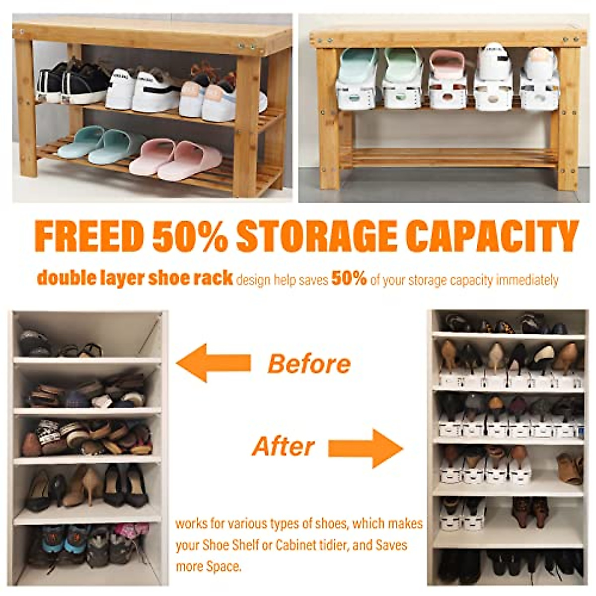 LEIMO KPARTS Shoe Slots Organizer, 20-PACK Adjustable Shoe Stacker, Double Layer Stack Shoe Holder Space Saver, White Shoe Stacker for Closet Organization