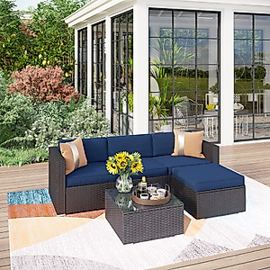 PHI VILLA Outdoor Patio Rattan Sectional Sofa- Patio Wicker Furniture Sofa Set 5-Piece, Blue