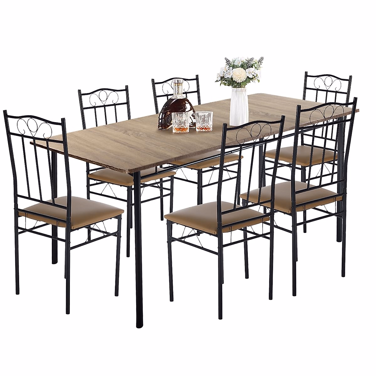 Dining Table Set for 6, Kitchen Table and Chairs for 4-6 People, 7 Piece Kitchen Table Sets, Rectangular Dining Room Table Set with 6 PU Leather Chairs, Beech/Brown