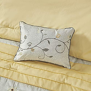 Madison Park Serene Faux Silk Comforter Set - Floral Embroidery Design, All Season Bedding Set, Matching Bed Skirt, Decorative Pillows, Yellow Queen(90"x90") 7 Piece