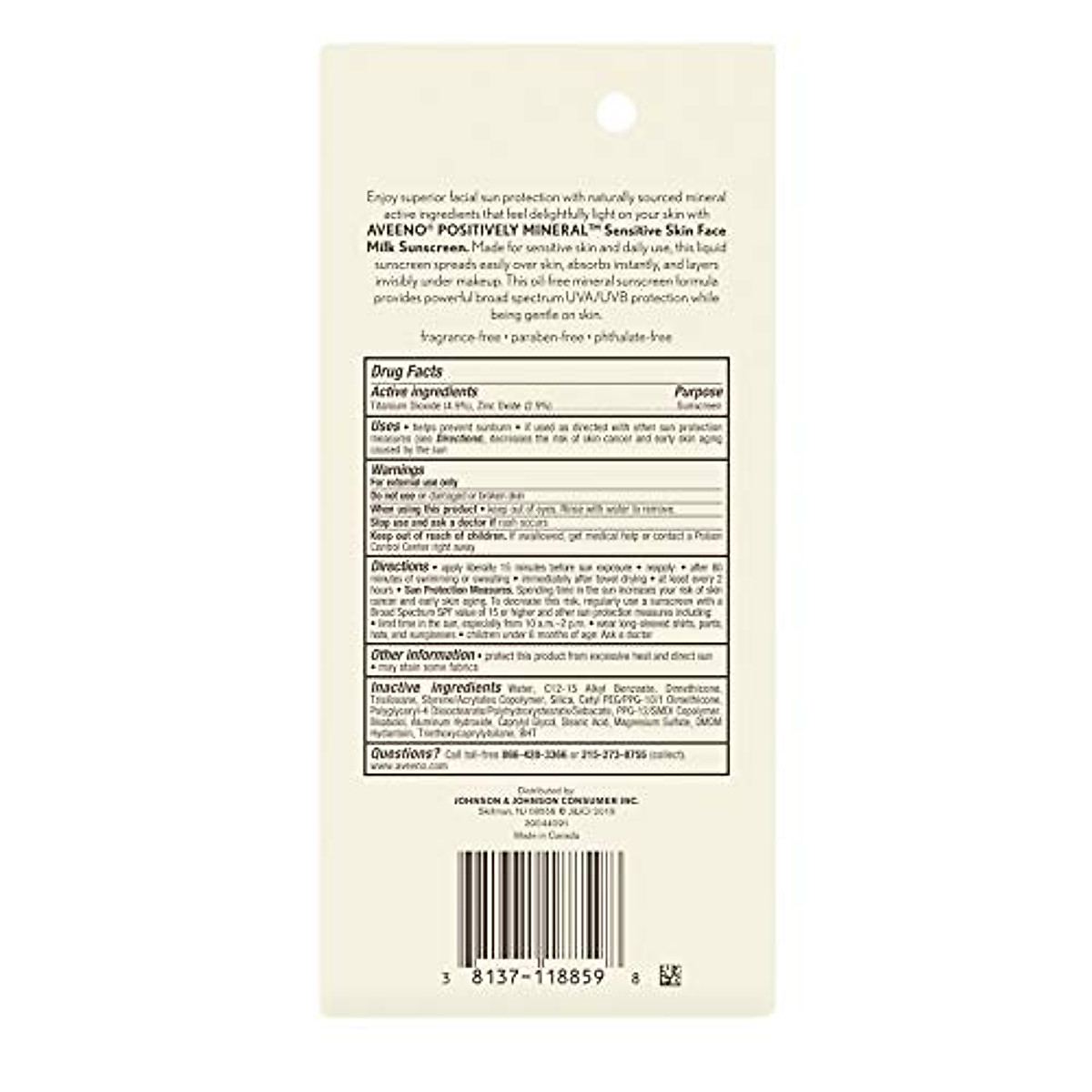 Aveeno Positively Mineral Sensitive Skin SPF 40+ Sunscreen Face Milk with Zinc Oxide & Titanium Dioxide, Invisible Oil-Free Liquid Facial Sunscreen, Paraben- & Phthalate-Free, 1.4 fl. oz