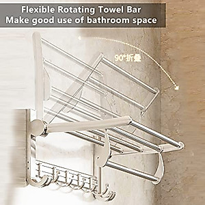 Towel Rack with Towel Bar for Bathroom Wall Mount,Foldable Toalla Holder with Hooks,Hotelier Rustproof Adjustable Bath Towels Shelf,No Drill,24 Inch Polished Silver