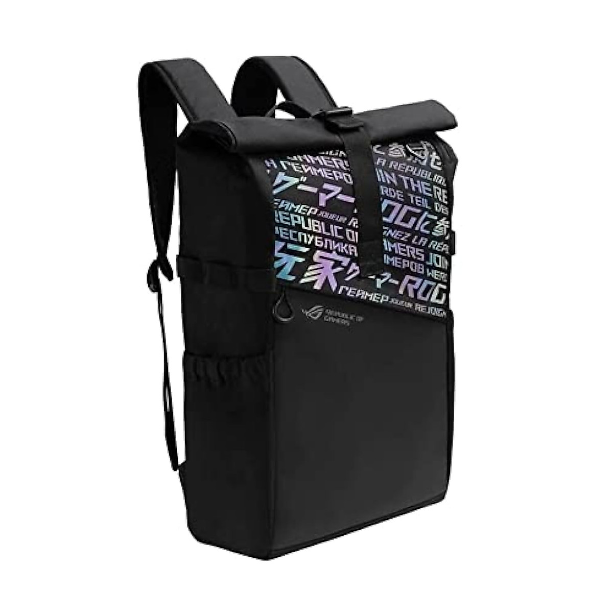 ASUS ROG BP4701 43.18 cm Gaming Backpack (Black), with Holographic Cybertext Printing, Roll Up Design, Suitable for up to 43.18 cm Laptop