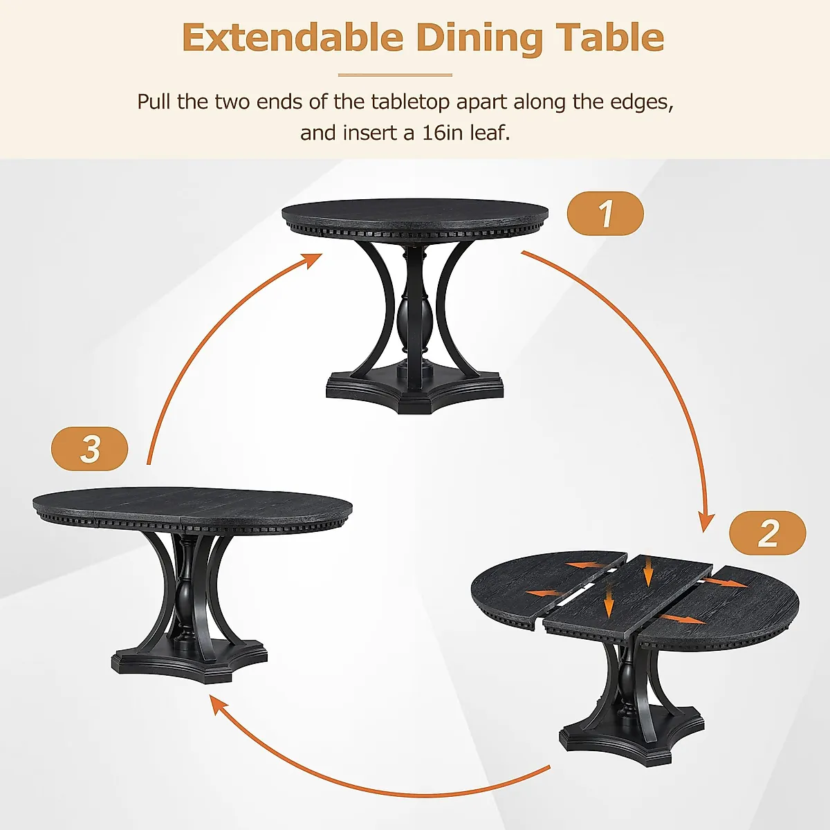 POCIYIHOME 5-Piece Set, Wood Two-Size Round to Oval Extendable Butterfly Leaf, 4 Upholstered Dining Armrest, Table/Chairs for 4 (Black Oak), 42~58" L x 42''W x 30''H