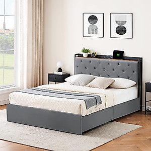 Amyove Queen Bed Frame with 4 Storage Drawers and Charging Station, Grey Queen Upholstered Bed Frame with Storage Headboard, No Box Spring Needed, Noise-Free Easy Assembly (Queen)