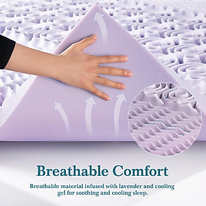 HOOMIC 3 Inch Queen Memory Foam Mattress Topper, 5-Zone Lavender Cooling Gel Infusion, CertiPUR-US Certified, Purple