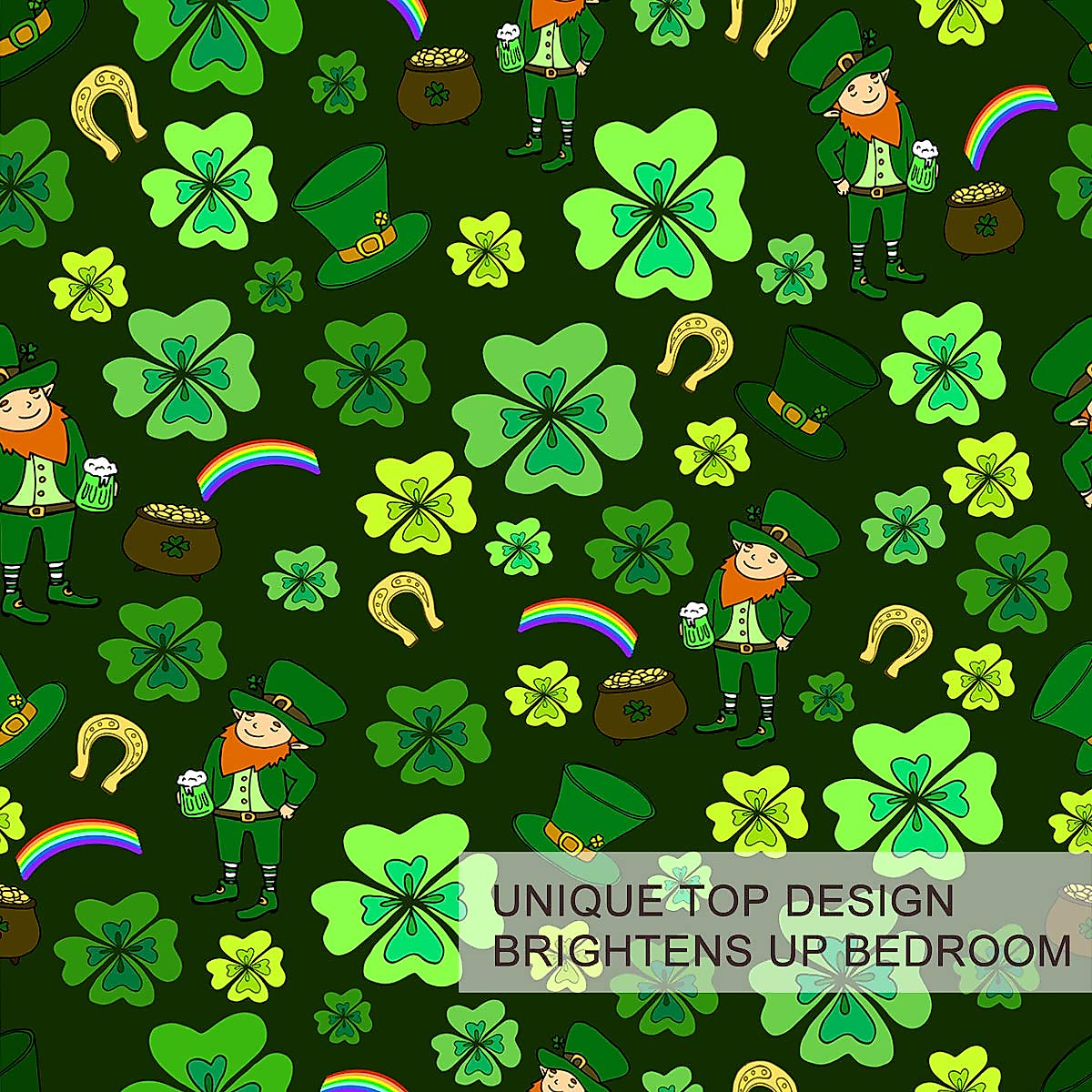 BlessLiving St. Patrick's Day Bedspread Duvet Cover Sets Leprechaun Shamrocks Rainbow Pattern Printed 3 Piece Bedding Set with 2 Pillow Shams, King Size, Green