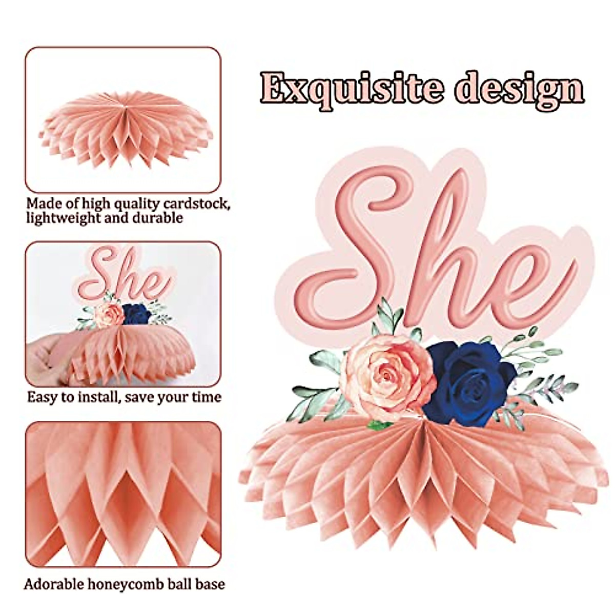 12 Pieces Gender Reveal Decorations Honeycomb Centerpieces Boy or Girl Table Toppers, He or She Gender Reveal Theme Honeycomb Party Supplies, Navy Blush Pregnancy Announcement Baby Shower Party Décor