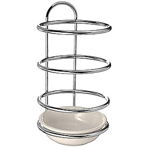 Upright, Standing Spoon Rest With Ceramic Dish Utensil Holder for Stovetop & Kitchen Counter Organization, Modern Vertical Design, Chrome/White