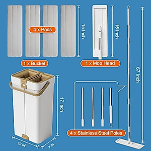 JEOPEM Flat Mop and Bucket with Wringer Set System, Mops for Hardwood Floor Cleaning with 4pcs Washable Microfiber Pads, Wet and Dry Use, Wood Floor Cleaner, Large Mop Head Length 38CM