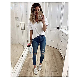 MIHOLL Women's Short Sleeve V-Neck Shirts Loose Casual Tee T-Shirt (White, Large)