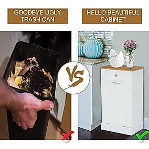 KINBOR BABY Recycling Tilt Out Trash Cabinet - Trash Bin Cabinet for Kitchen with Drawer and Removable Bamboo Cutting Board, White