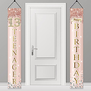 13th Birthday Decorations Door Banner for Girls, Pink Rose Gold 13 Teenager Happy Birthday Sign Party Supplies, Sweet Thirteen Year Old Birthday Backdrop Porch Décor