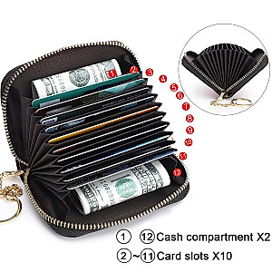 Sunwel Fashion Cute Cow Print Credit Card Holder- Accordian Zipper Card Case Wallet Cash Pockets Coin Purse with Keychain Hook for Women