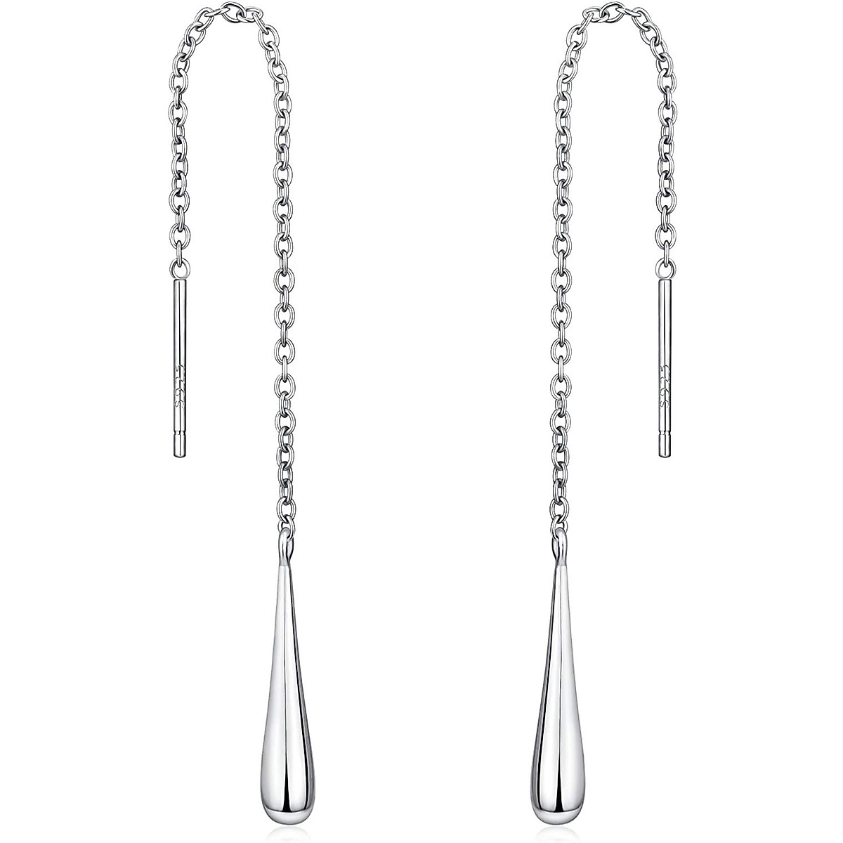 Savlano 925 Sterling Silver White Yellow & Rose Color Threader Dangle Drop Cross Line Ear Teardrop Long Chain Women's Earrings (White)