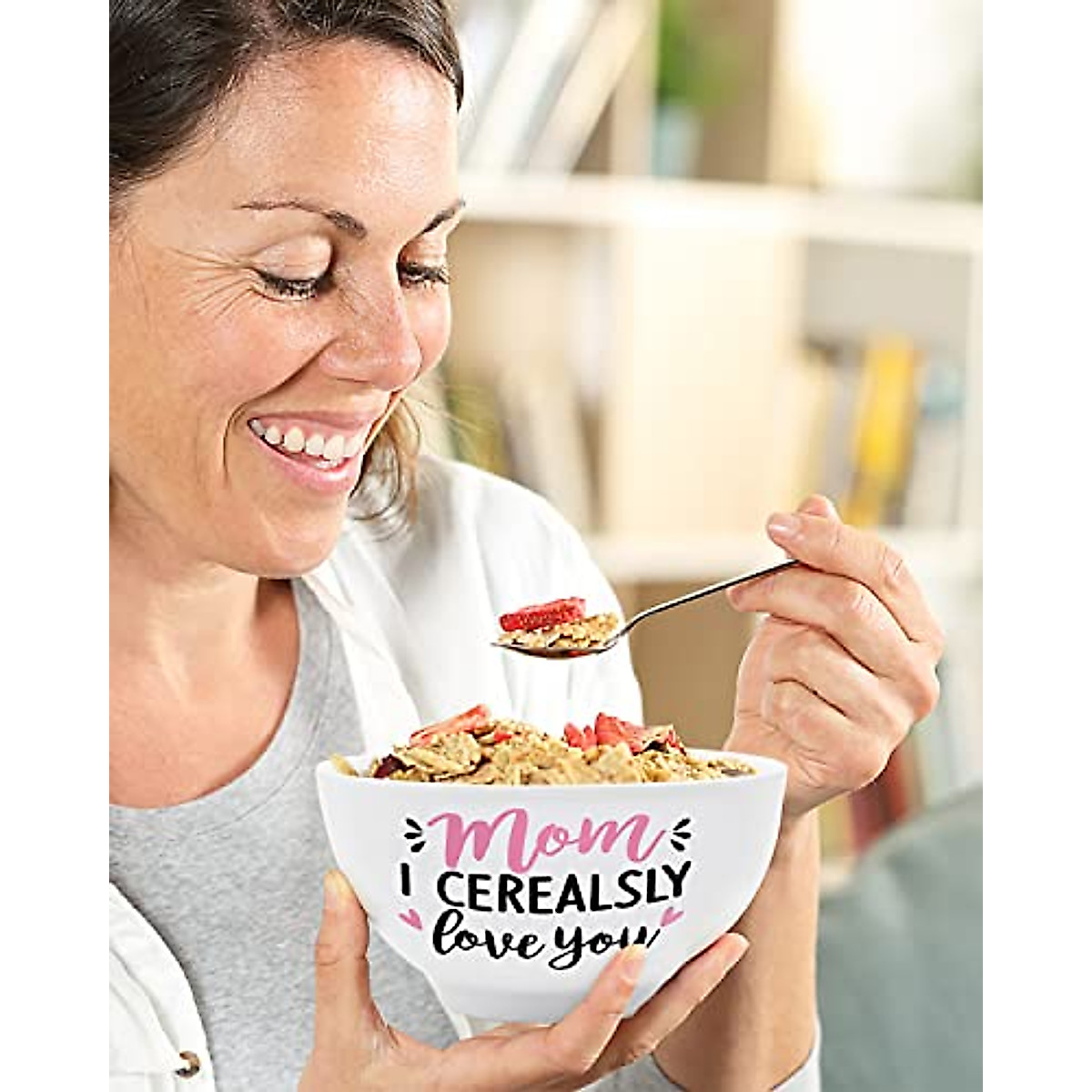 Mom's Cereal Bowl and Spoon Set with Best Mom Ever Greeting Card Christmas Mother's Birthday Engraved Gift Box Basket Idea for Her Cerealsly Love You Mommy Present Set of 3 Thanksgiving New Year