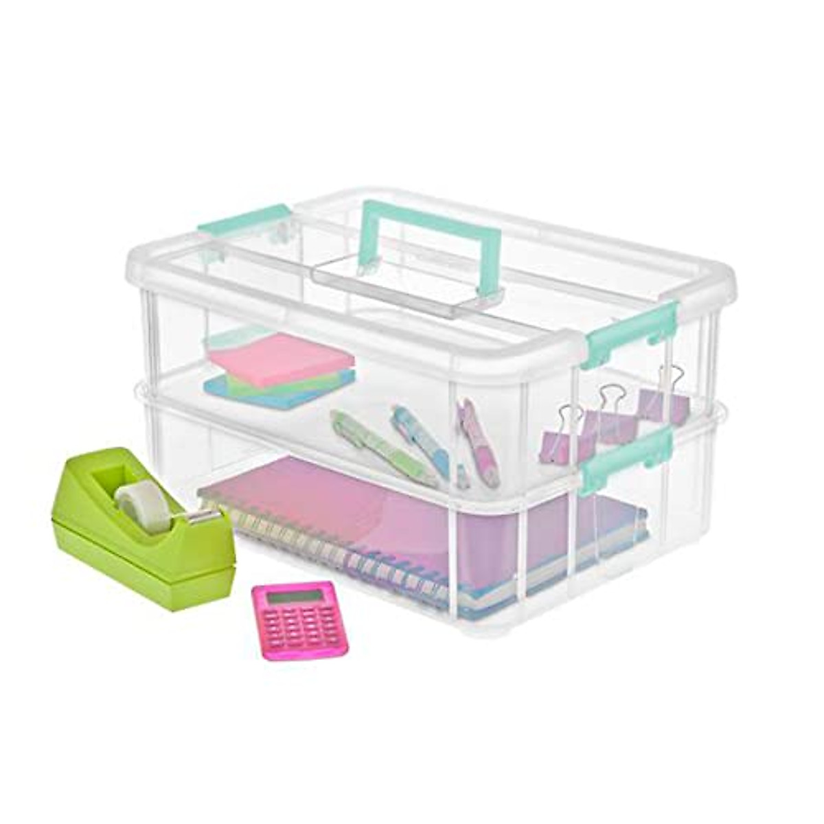 Sterilite Convenient Small Home 2-Tiered Layer Stack Carry Storage Box with Colored Accent Secure Latching Lid, Clear (4 Pack)