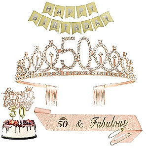 50th Crown and Sash Set | Include 50th Tiara and "50 & Fabulous" Sash | Happy Birthday Cake Topper | 5&0 Candles | Birthday Banner and Peal Pin | 50th Birthday Decoration for Women Lady 50 Birthday Gift