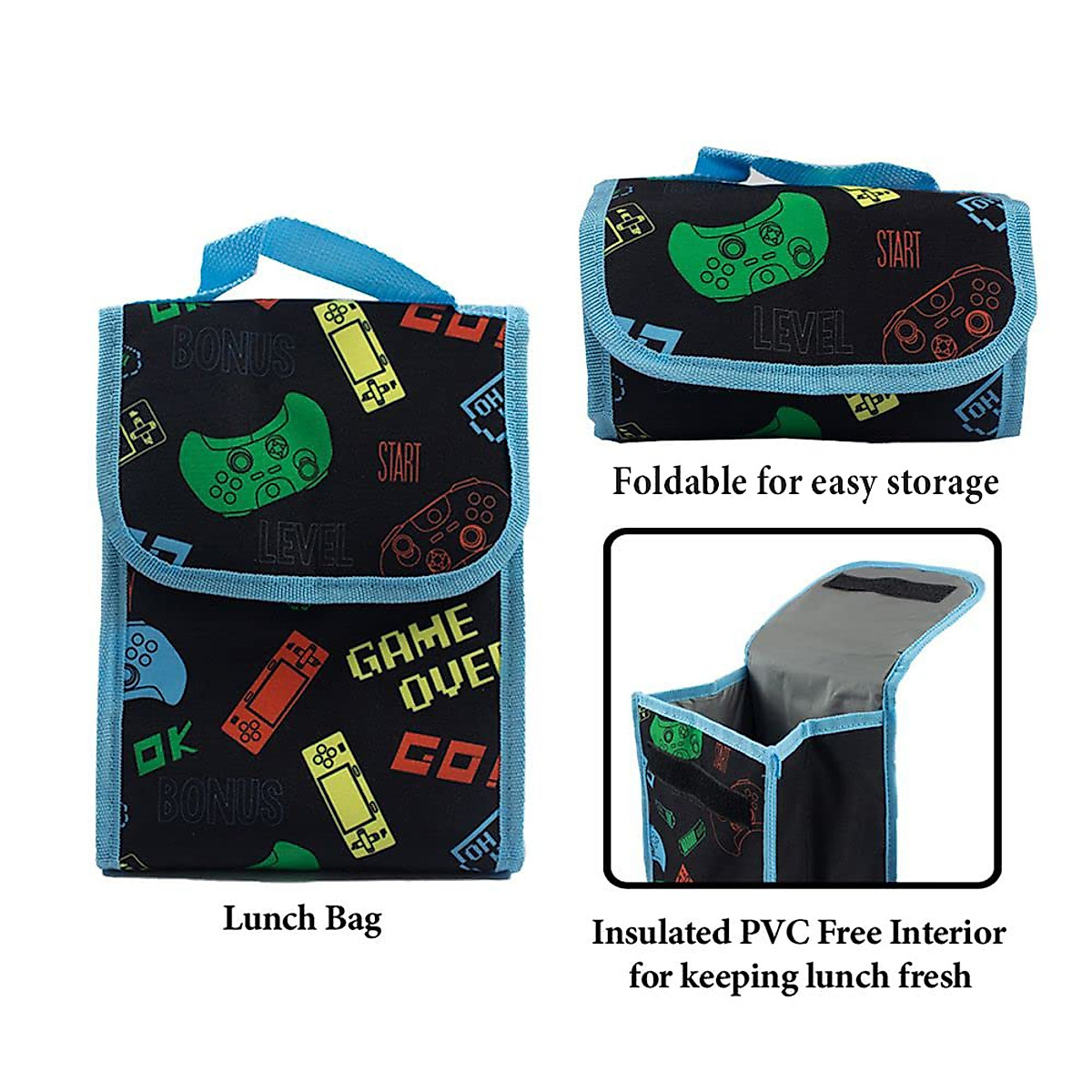 RALME Gaming Backpack Set for Kids, 16 inch, 6 Pieces - Includes Foldable Lunch Bag, Water Bottle, Key Chain, & Pencil Case