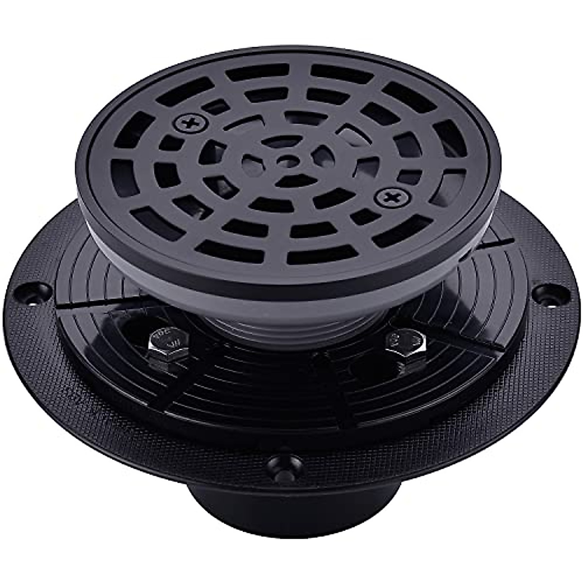 4 1/4 Inch Round Shower Floor Drain Grate with Adjustable Threaded Drain Base Flange, Matte Black