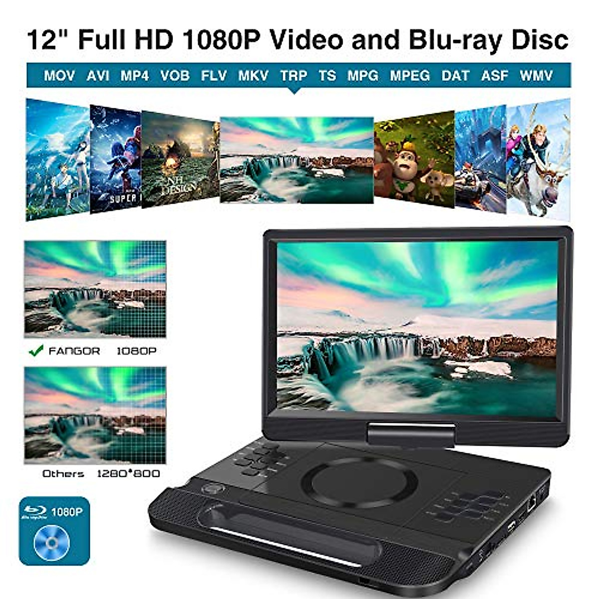 FANGOR 13.3 Inch Portable Bluray Player with 12" HD Swivel Screen, 5 Hours Rechargeable Battery and Remote Control, HDMI Out/AV in, Multi-Media Player, USB/SD Card, Last Memory