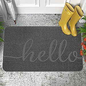 MatEssenz Front Door Mat, Durable Hello Door Mat Outdoor, Resist Dirt Welcome Mat for Shoes Scraper, Low Profile Indoor Door Mats, Doormat for Entrance, Garage, High Traffic Area(17X30, Grey)