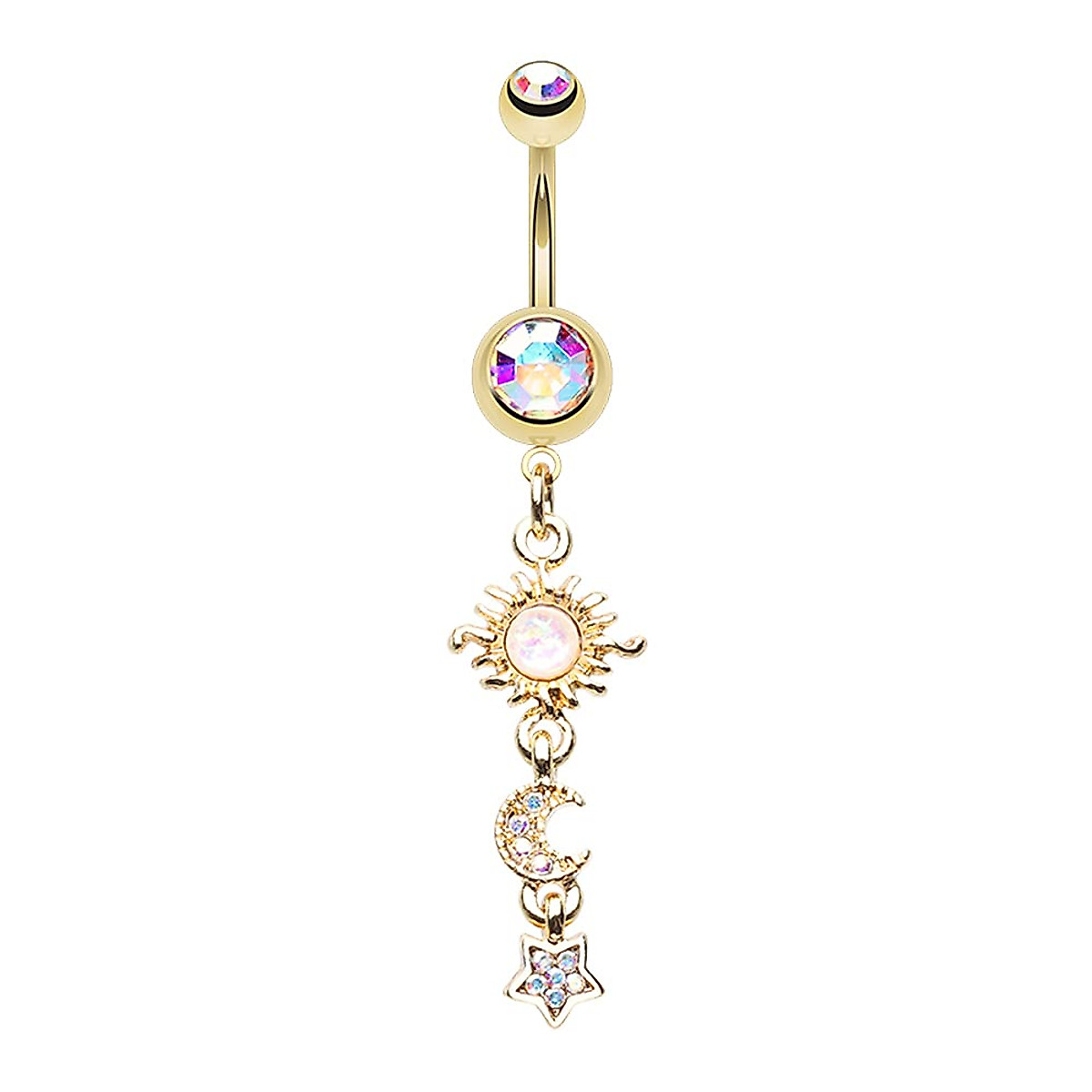 Pierced Owl 14GA Golden Sun Moon and Star Celestial Dangle Stainless Steel Navel Belly Button Ring
