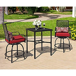 Nuu Garden 3 Piece Swivel Patio Bar Set, High Iron Outdoor Furniture Set Wide Outdoor Bar Stools, Bar Height Chairs with Seat Cushion and Armrest for Garden, Backyard, Patio and Poolside, Red