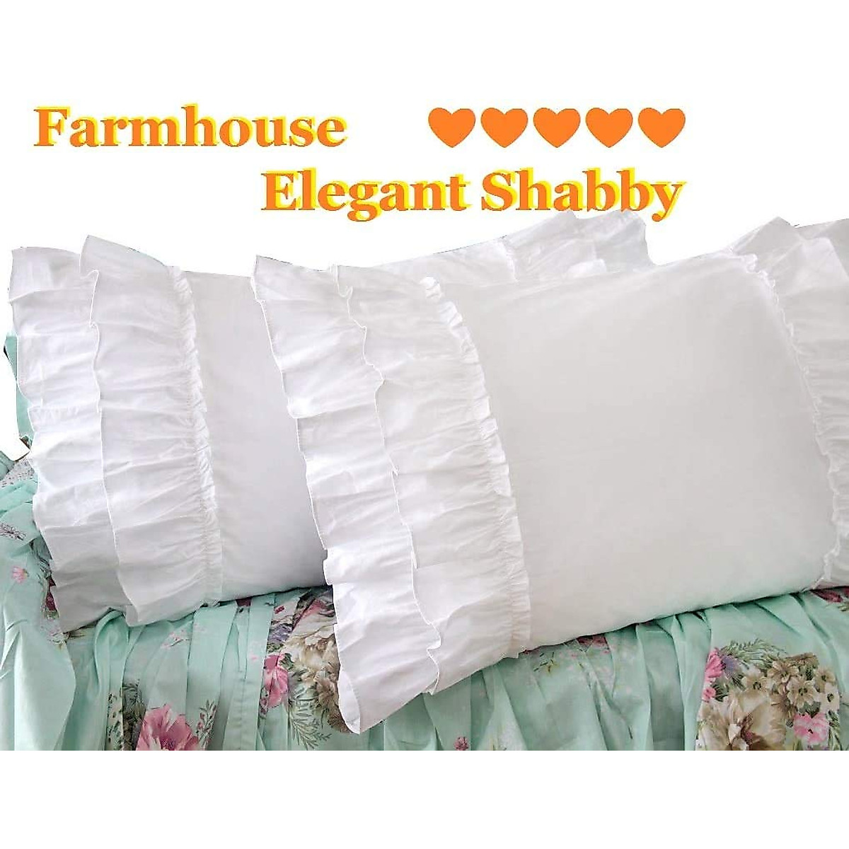 Queen’s House White Ruffle Pillow Shams Set of 2 Cotton Shabby Pillowcases Feminine Pillow Cover King Size