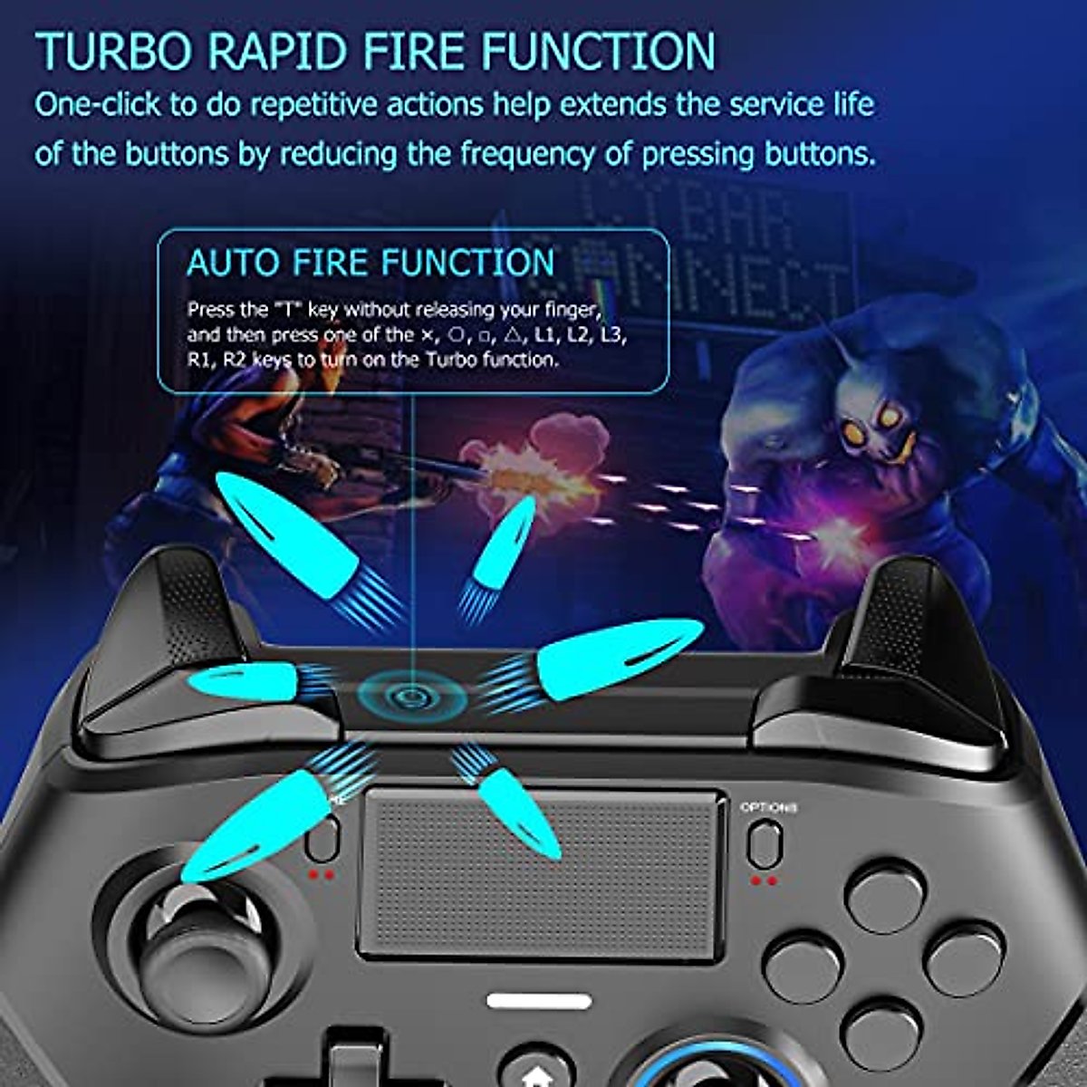 GCHT GAMING Wireless Pro Controller for PS4/PS4 Slim/PS4 Pro Compatible PC, Steam, Android and iOS, MAC, with Back Buttons, Turbo, Vibration, Game Joystick Gamepad Wireless/Wired (Dark Black)