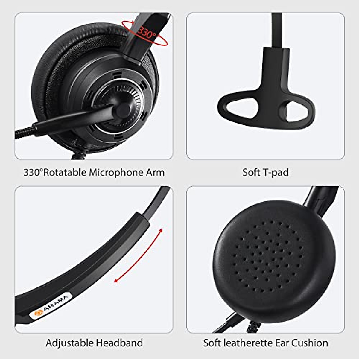 Arama Phone Headset with Microphone Noise Canceling & Mute Switch RJ9 Telephone Headsets Compatible with Polycom Mitel Fanvil HUWEI Shoretel NEC Siemens Aastra Plantronics Landline Phones