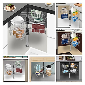 KIOPOWQ Corner Shelf, 23.62'' 2 Tier Lazy Kitchen Base Cabinet Corner Organizer, 270° Rotating Blind Corner Wire Kidney Shaped Cabinet Mounted