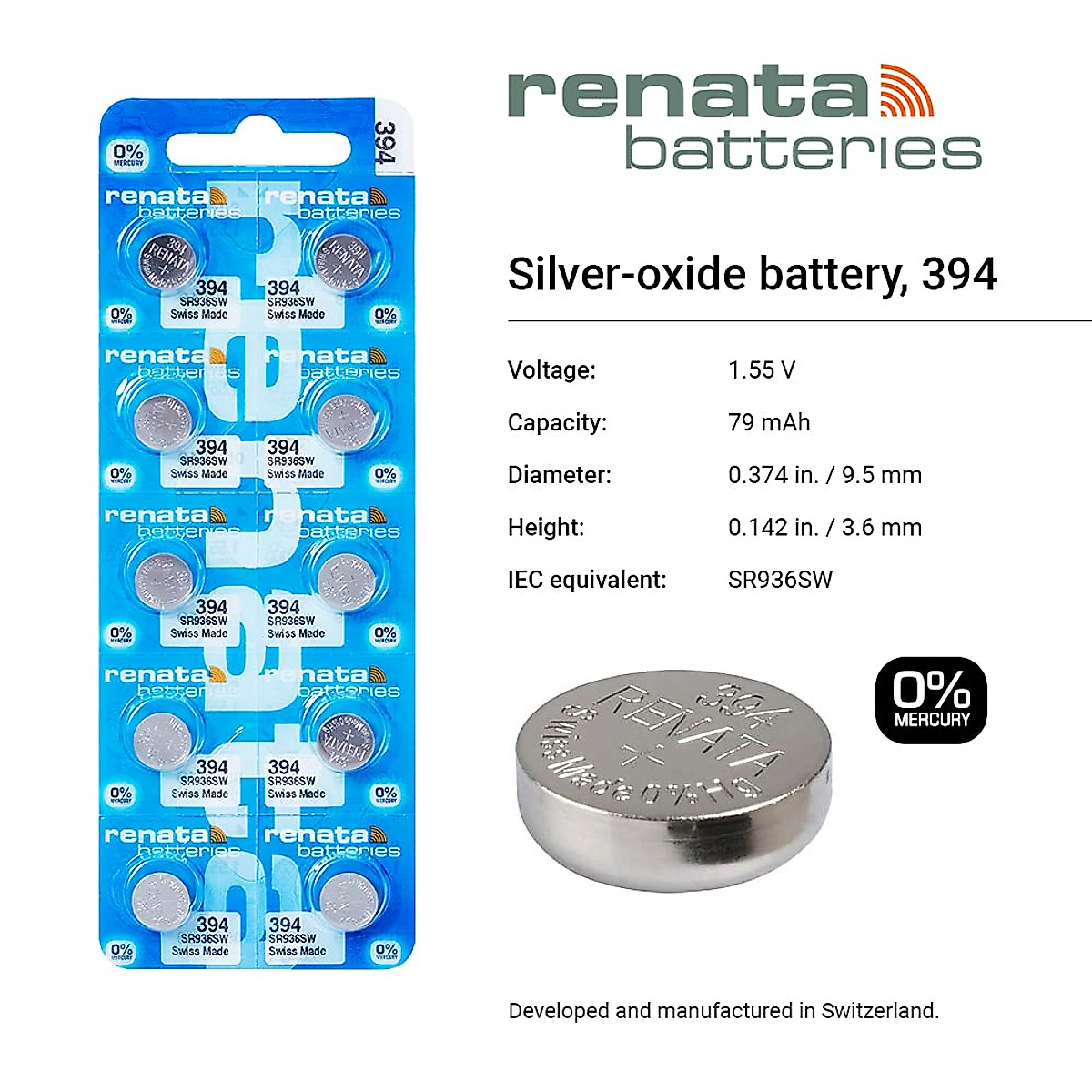 Renata 394 SR936SW Batteries - 1.55V Silver Oxide 394 Watch Battery (20 Count)