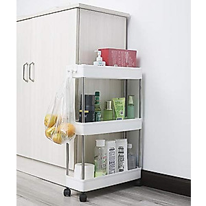 3 Tier Slim Storage Cart, Mobile Narrow Rolling Cart with Wheels, Conveniently Slide Out Organizer Shelf Cart for Kitchen Bathroom Pantry Laundry Narrow Space - Plastic (White)