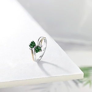 Gem Stone King 1.02 Ct Green Nano Emerald 925 Silver and 10K Yellow Gold Lab Grown Diamond 2 Heart Promise Couple Engagement Mother Ring (Size 9)