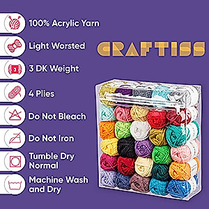 CRAFTISS 30x20g Acrylic Yarn Mini Skeins - 1300 Yards of Soft Yarn for Crocheting and Knitting Craft Project, Assorted Starter Crochet Kit Yarn Bulk for Adults and Kids