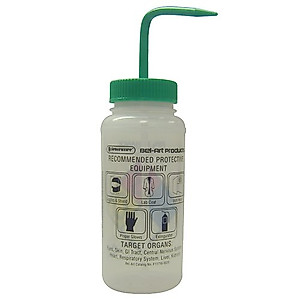 SP Bel-Art Safety-Labeled 4-Color 70% Ethanol Wide-Mouth Wash Bottles; 500ml (16oz), Polyethylene w/Green Polypropylene Cap (Pack of 4) (F11716-0020)