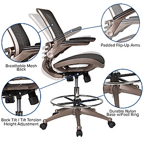 Flash Furniture Mid-Back Transparent Black Mesh Drafting Chair with Melrose Gold Frame and Flip-Up Arms