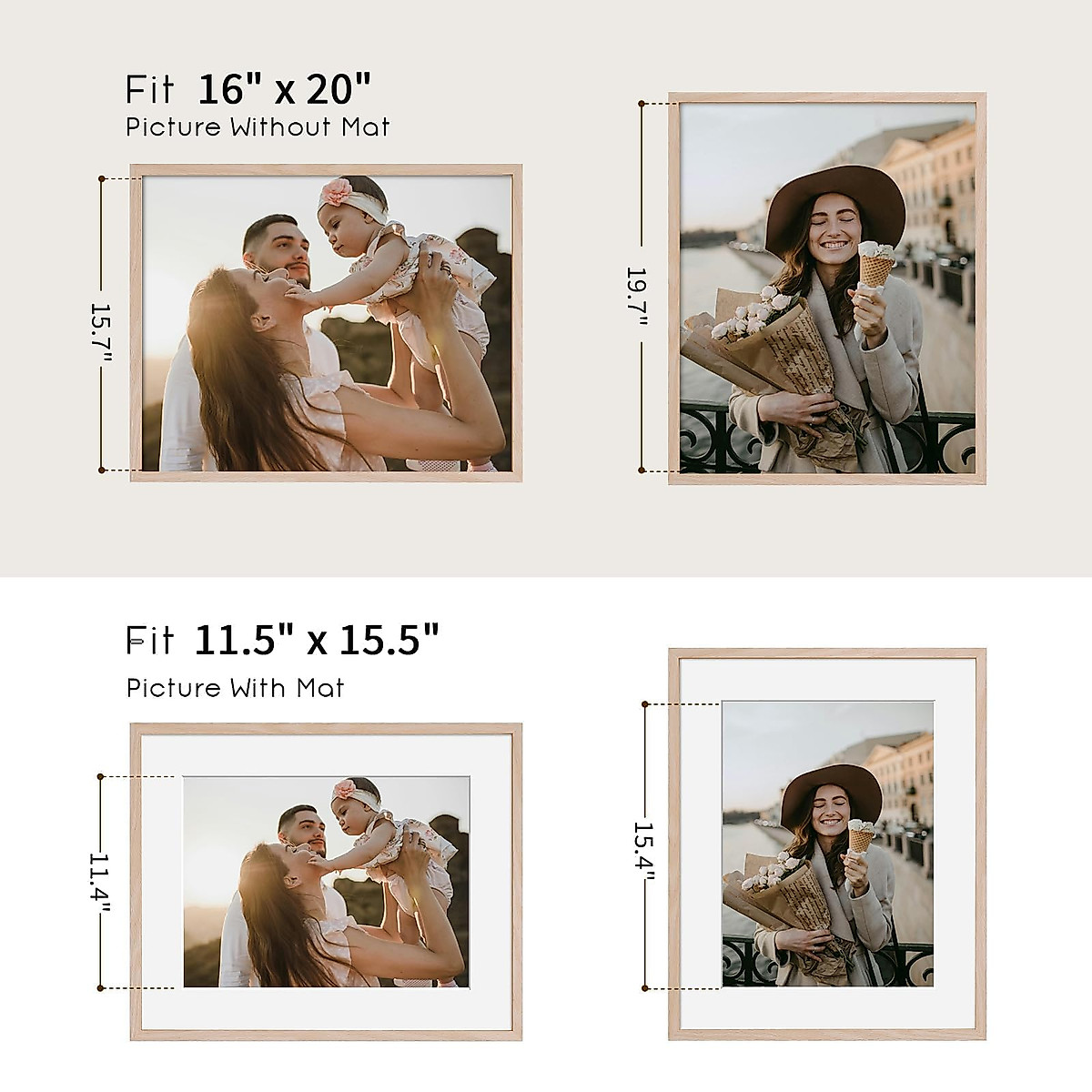 puthiac 16x20 Picture Frames for Wall - Minimalist 16x20 Oak Wood Frames, 16"x20" Picture Frame Wood, Natural Solid Wooden Picture Frames for Wall Art Photo and Prints(1 Pack, Beige)