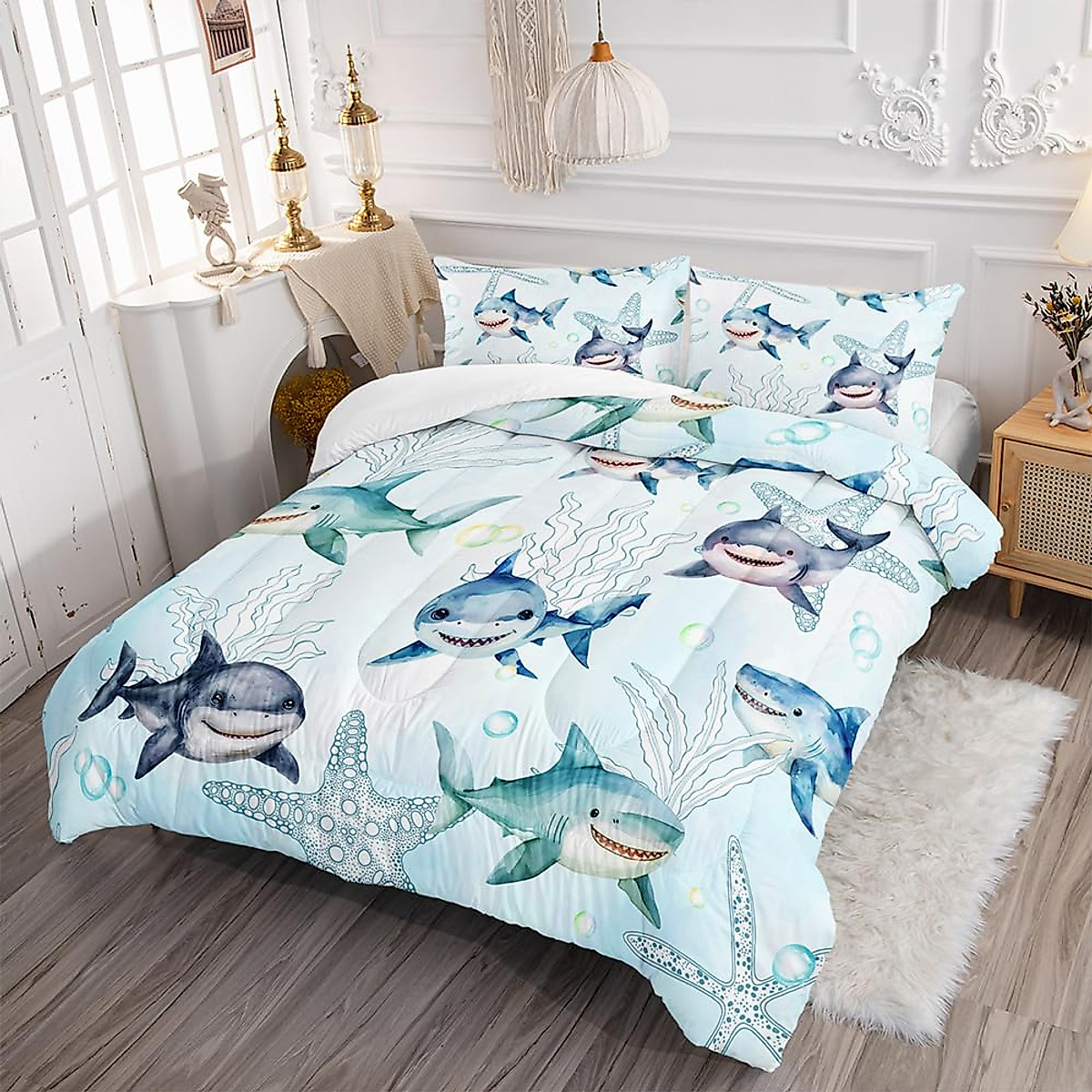 XYNHML Boys Blue Ocean Shark Comforter Set Twin Size Shark Starfish Bedding Sets Seaweed Quilt Bed Set for Kid Girls with 1 Comforter and 2 Pillowcases
