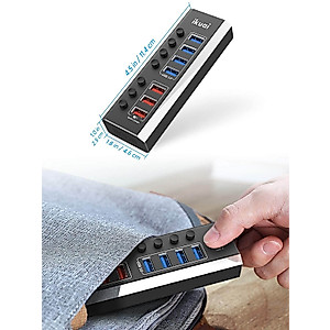 Powered USB 3.0 Hub, ikuai 7 Ports Aluminum USB Splitter Hub (3 Faster Data Transfer Ports+ 4 Smart Charging Ports) with Individual LED On/Off Switches, Multi USB Port for PC, Mac (RSW-A37)