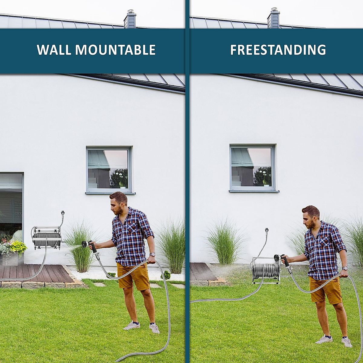 Morvat Stainless Steel Metal Water Hose Reel for 150FT Hose, Retractable Garden Hose Holder with Storage Shelf & Crank, Wall/Floor Mount, Includes 5Ft Leader Hose with ON/OFF Valve & Accessories