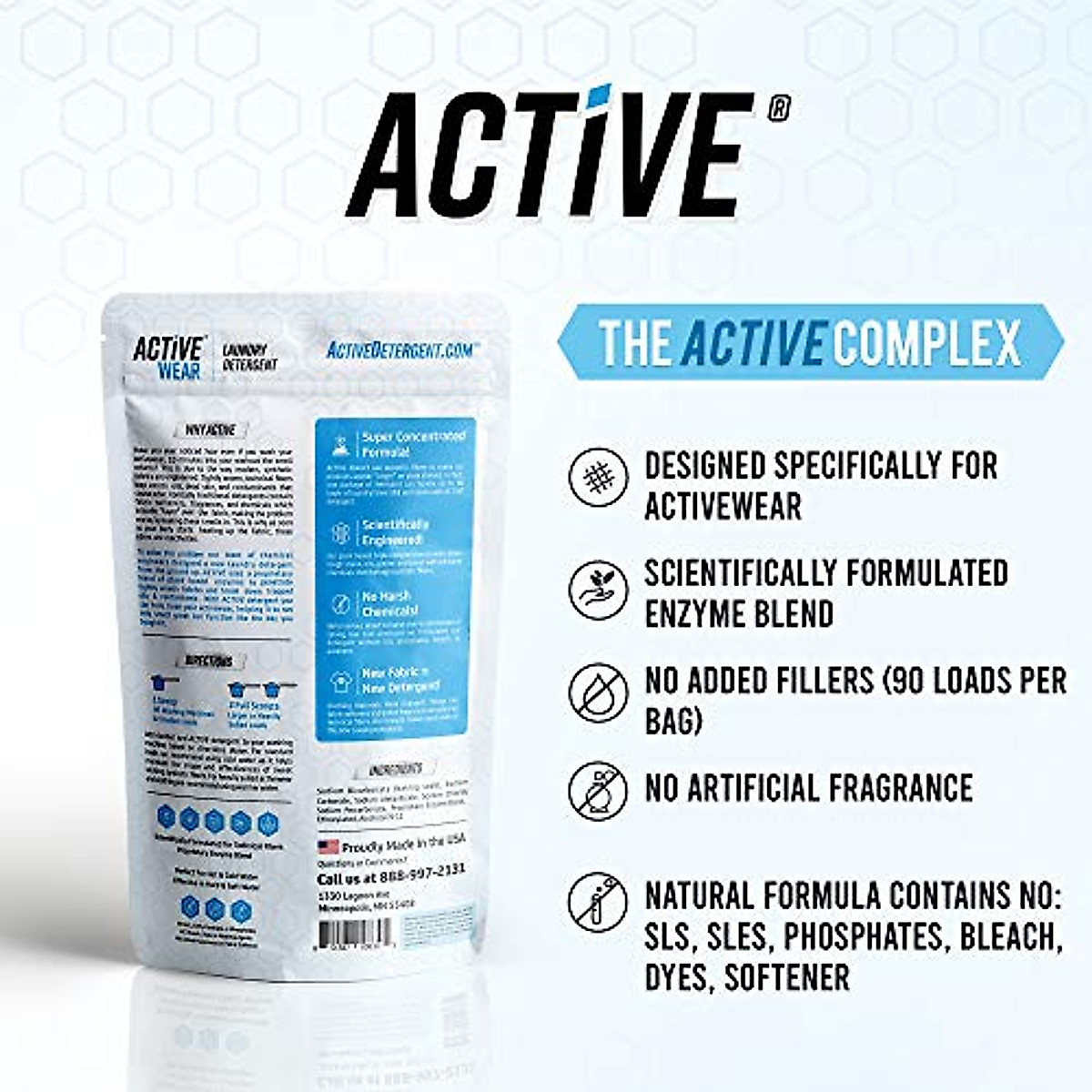 Active Wear Laundry Detergent & Soak - Formulated for Sweat and Workout Clothes - Natural Performance Concentrate Enzyme Booster Deodorizer - Powder Wash for Activewear Gym Apparel (90 Loads)