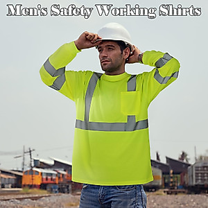 Amylove 4 Pcs Long Sleeve Reflective Safety T Shirt High Visibility Safety Shirts with Reflective Strips Men Women (Yellow,L)