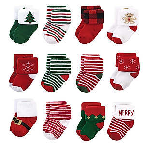 Hudson Baby Unisex Baby Cotton Rich Newborn and Terry Socks, 12 Days of Christmas, 6-12 Months