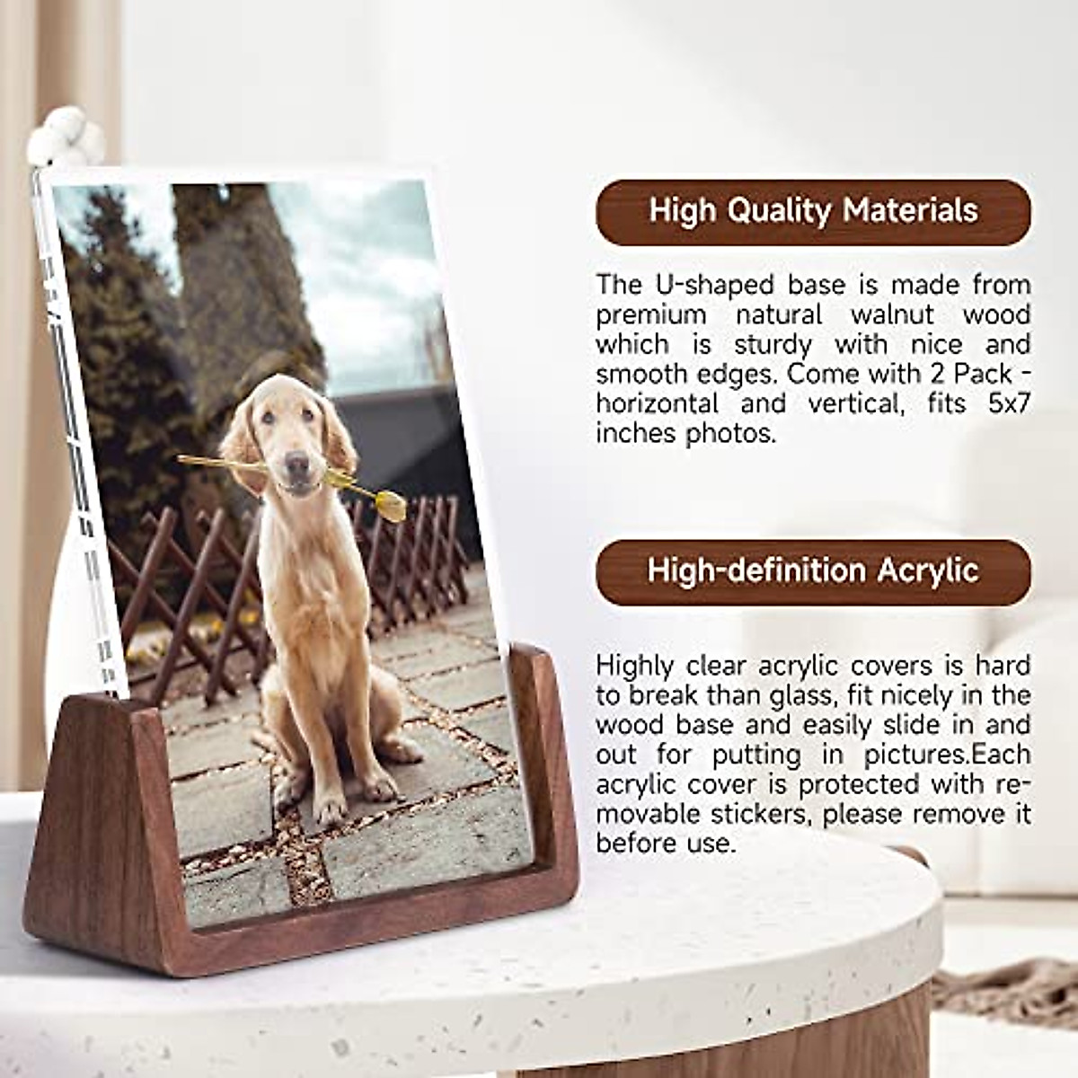 Komimaci 4x6 picture frames, Solid Rustic Wooden Photo Frames with Walnut Wood Base and High Definition Acrylic Glass Covers - 2 Pack for Tabletop or Desktop Display (4x6 inch, Horizontal + Vertical)