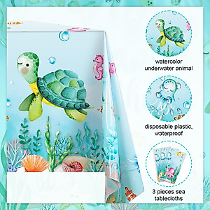 Preboun Ocean Turtle Tablecloth, 3 Pcs Plastic Disposable Rectangular 54 x 108 Inch, Stain Resistant Waterproof Table Covers for Sea Party, Baby Shower Decorations, Birthday, Summer