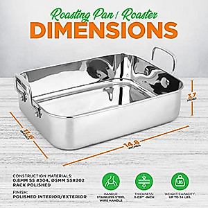 NutriChef Stainless Steel Roasting Pan with Lid and Polished Rack - Wide Wire Handles for a Confident Grip - Ideal for Thanksgiving, Tender Roasts, Deep Dishes, and More, 14.8'' x 11.6" x 3.7" IN