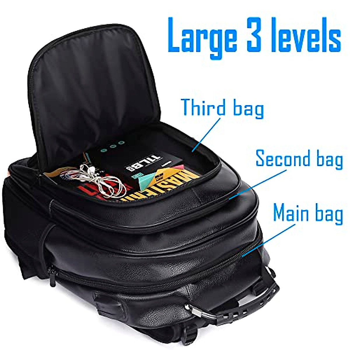 Laptop Backpack Waterproof Leather Backpacks with USB port fit 15.6" Laptops for Men and Women Travel Daypack Backpack Black (Shcool Backpack)